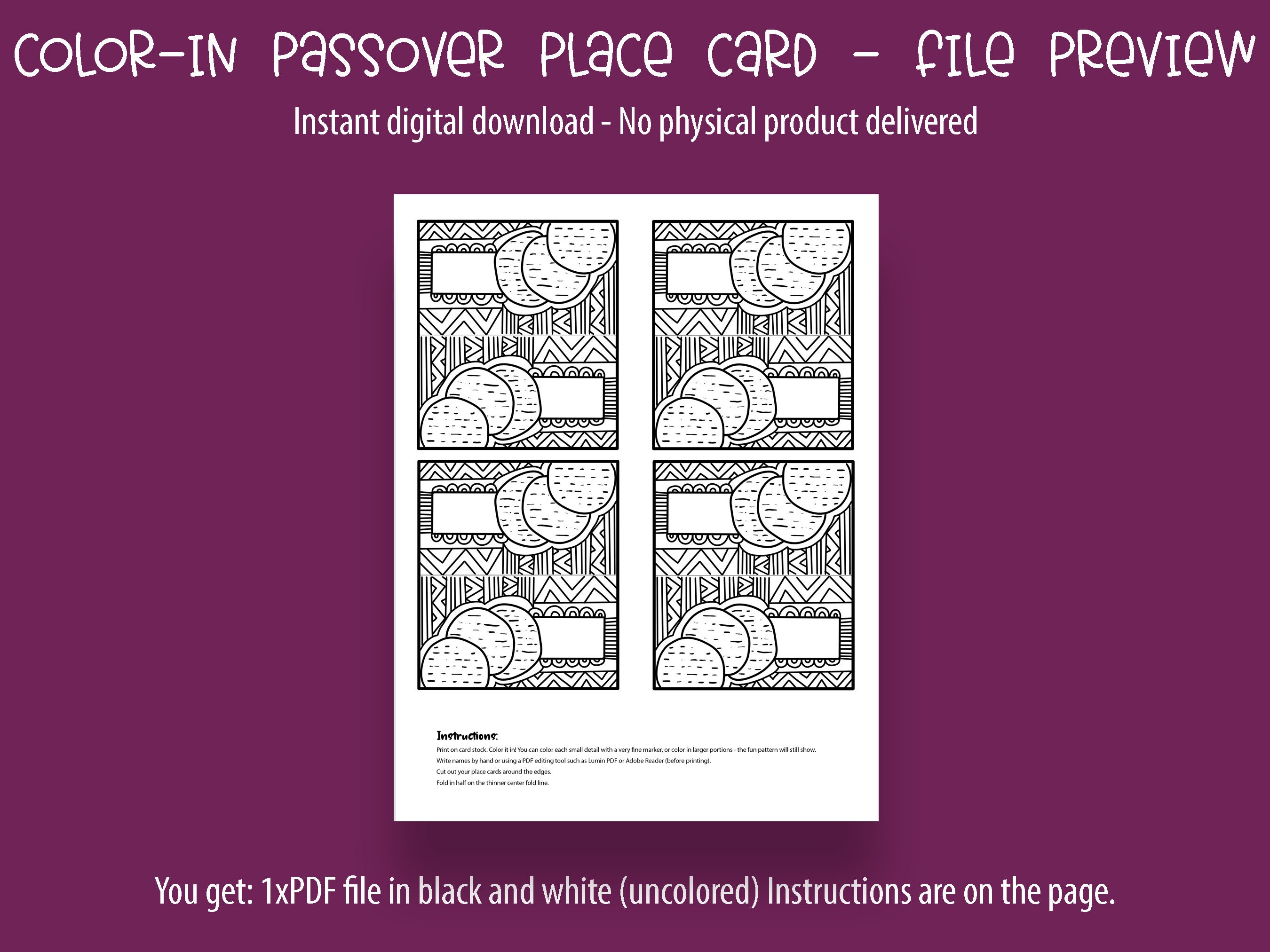 Color-in Printable Passover Name Cards Matzah Kids Pesach Craft ...