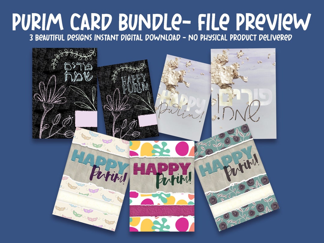 Playful Printable Purim Cards Bundle | Hebrew and English Happy Purim ...