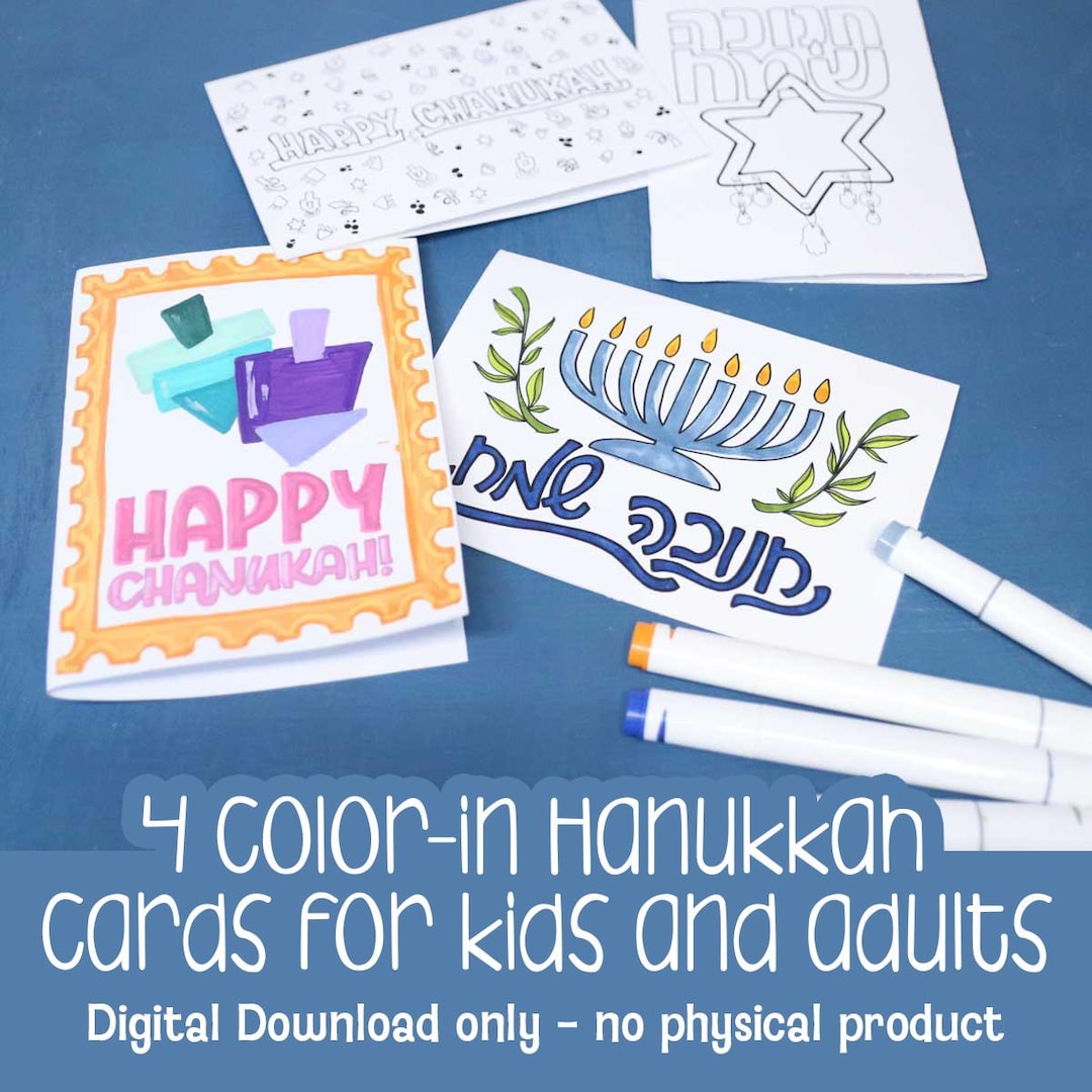 Printable Color-in Hanukkah Cards for Kids and Adults | PDF Template ...
