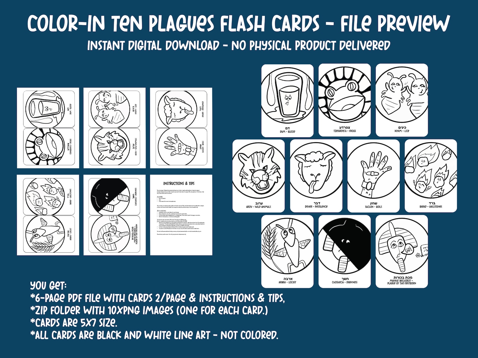 COLOR-IN Ten Plagues Flash Cards | Passover Craft for Preschool Kids ...