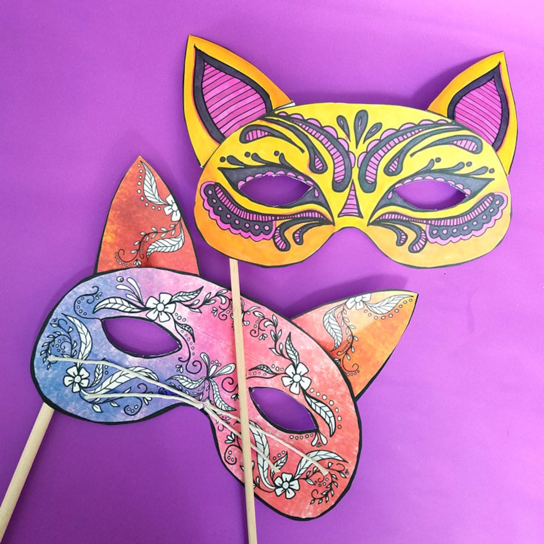 Color-in Cat Masks Halloween Printable Paper Crafts - Printable Adult and Kid Coloring Pages and ...