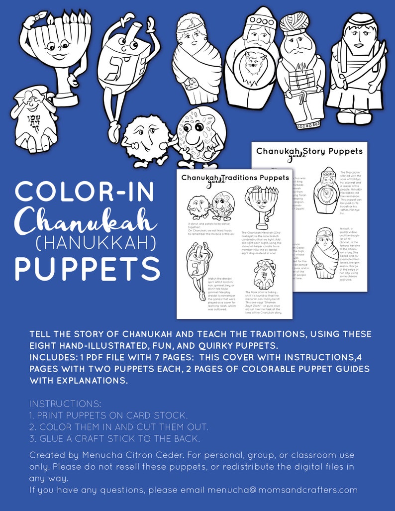 Hanukkah Craft for Kids - Puppets | Printable PDF COLOR-IN Coloring ...
