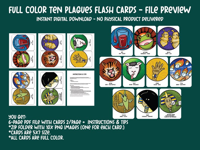 FULL COLOR Ten Plagues Flash Cards Passover Teaching Tool for Preschool Kids Makkot Activity in ...