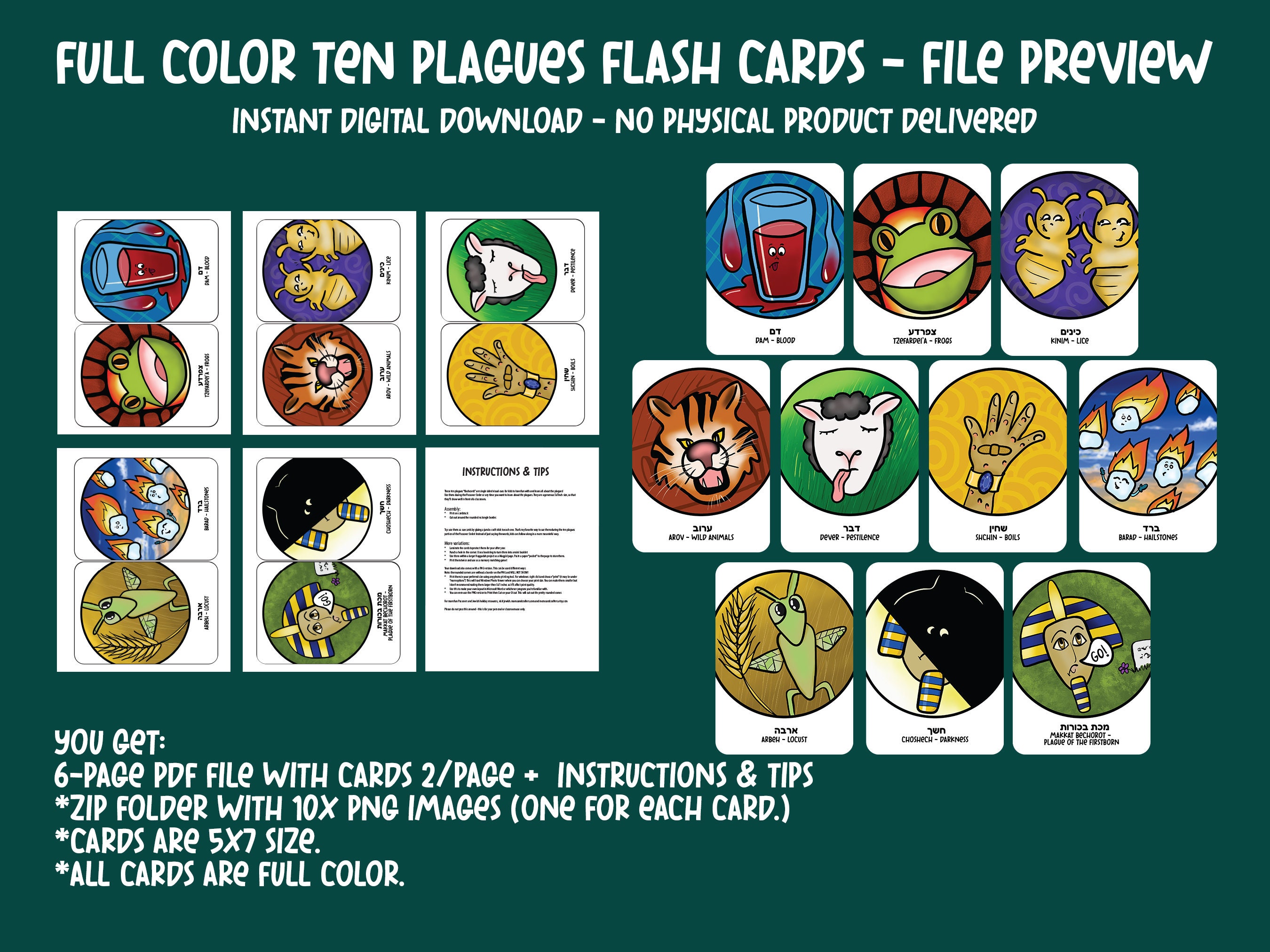 FULL COLOR Ten Plagues Flash Cards Passover Teaching Tool for Preschool Kids Makkot Activity in ...