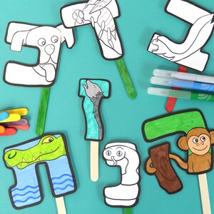 Color-in Aleph Bet Animals Puppets - Hebrew Alphabet Craft and Coloring ...