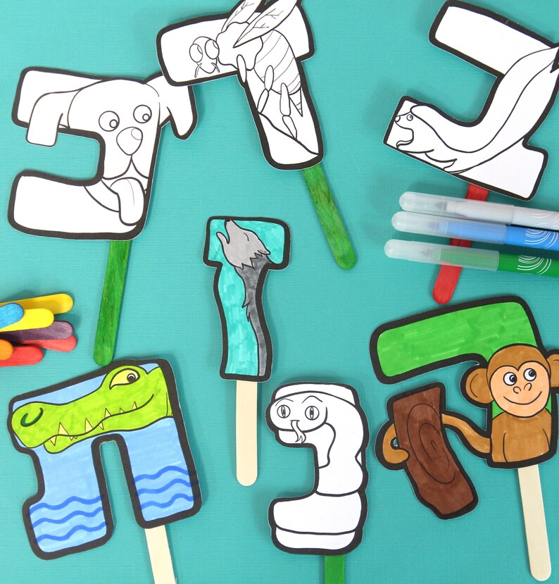 Color-in Aleph Bet Animals Puppets - Hebrew Alphabet Craft and Coloring ...
