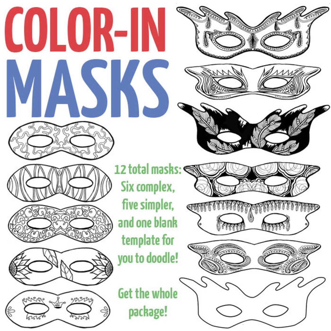 Mardi Gras Masks Printable PDF Color-in Masks Paper Craft - Etsy