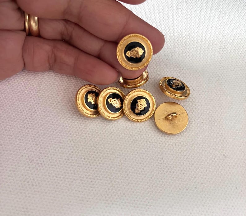 Vintage Gold Tone Crest Blazer Buttons | Black Enamel Heraldic Shield ...