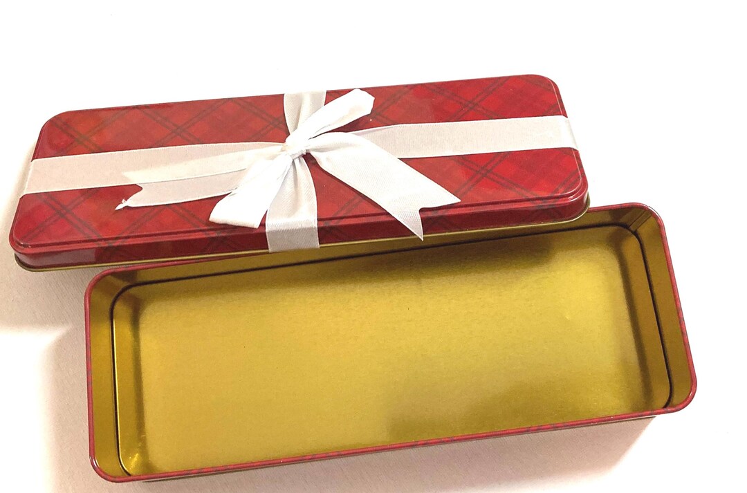 Red Plaid Metal Gift Tin With White Satin Ribbon – Holiday Storage Box ...