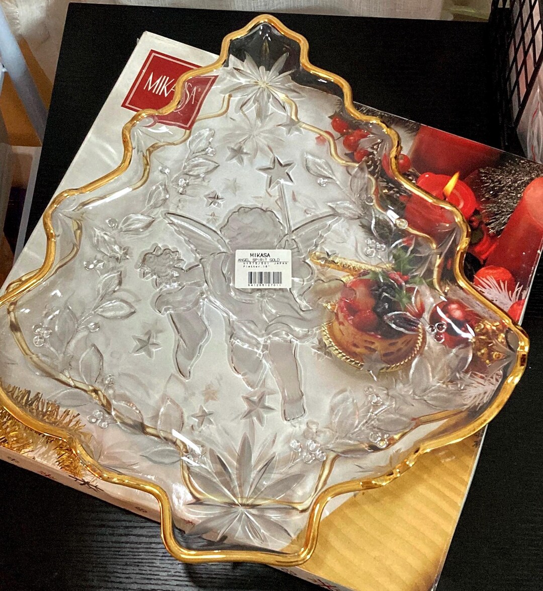 Mikasa Angel Spirit Gold Christmas Platter • 16” Tree Shape • Vintage ...