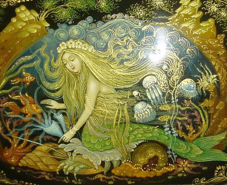 Russian Lacquer box Palekh Mermaid with jellyfish miniature Hand ...