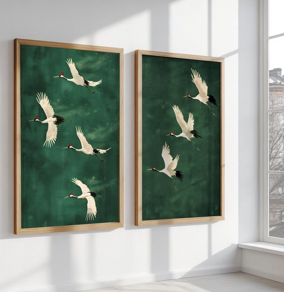 Japanese Crane Wall Art Prints, Set of 2 Japandi Minimalist Bird Prints ...