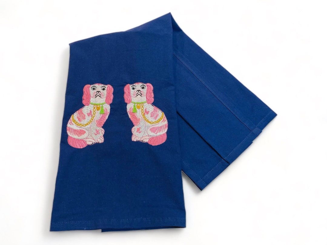 Preppy Pink Staffordshire Spaniels on Navy Tea Towel - Etsy