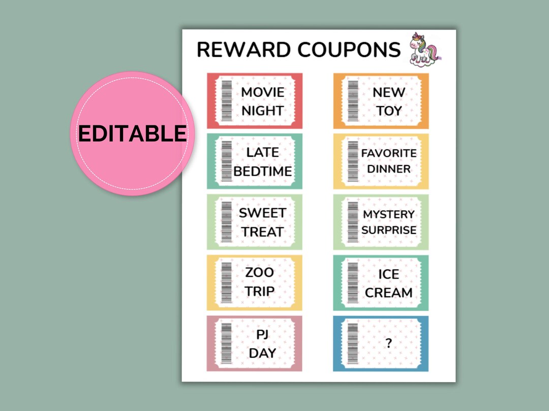 Editable Reward Coupons for Kids Behavior Charts and Chore Charts ...
