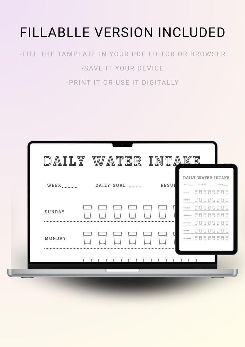 Daily Water Intake Tracker Printable, Hydration Log, Digital Water Tracker PDF, Fillable A4 A5 ...