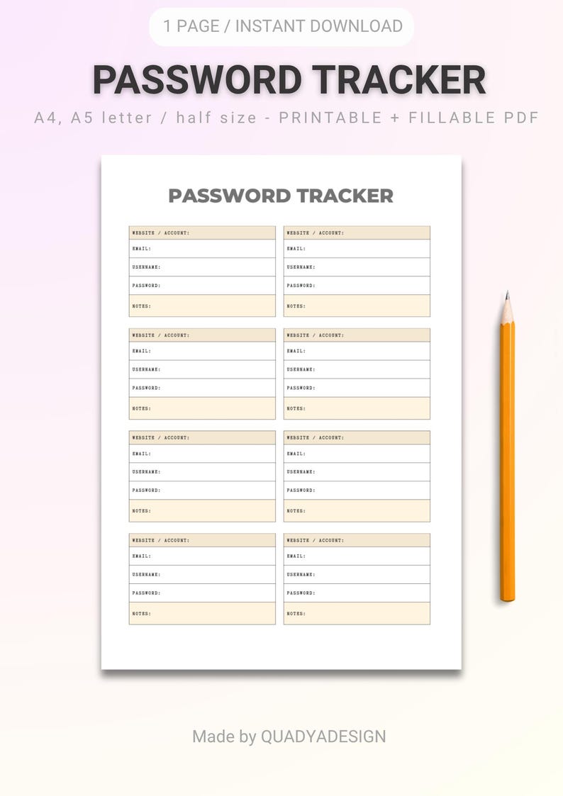 Password Tracker Printable | A5 Editable PDF | Minimal Login Organizer ...