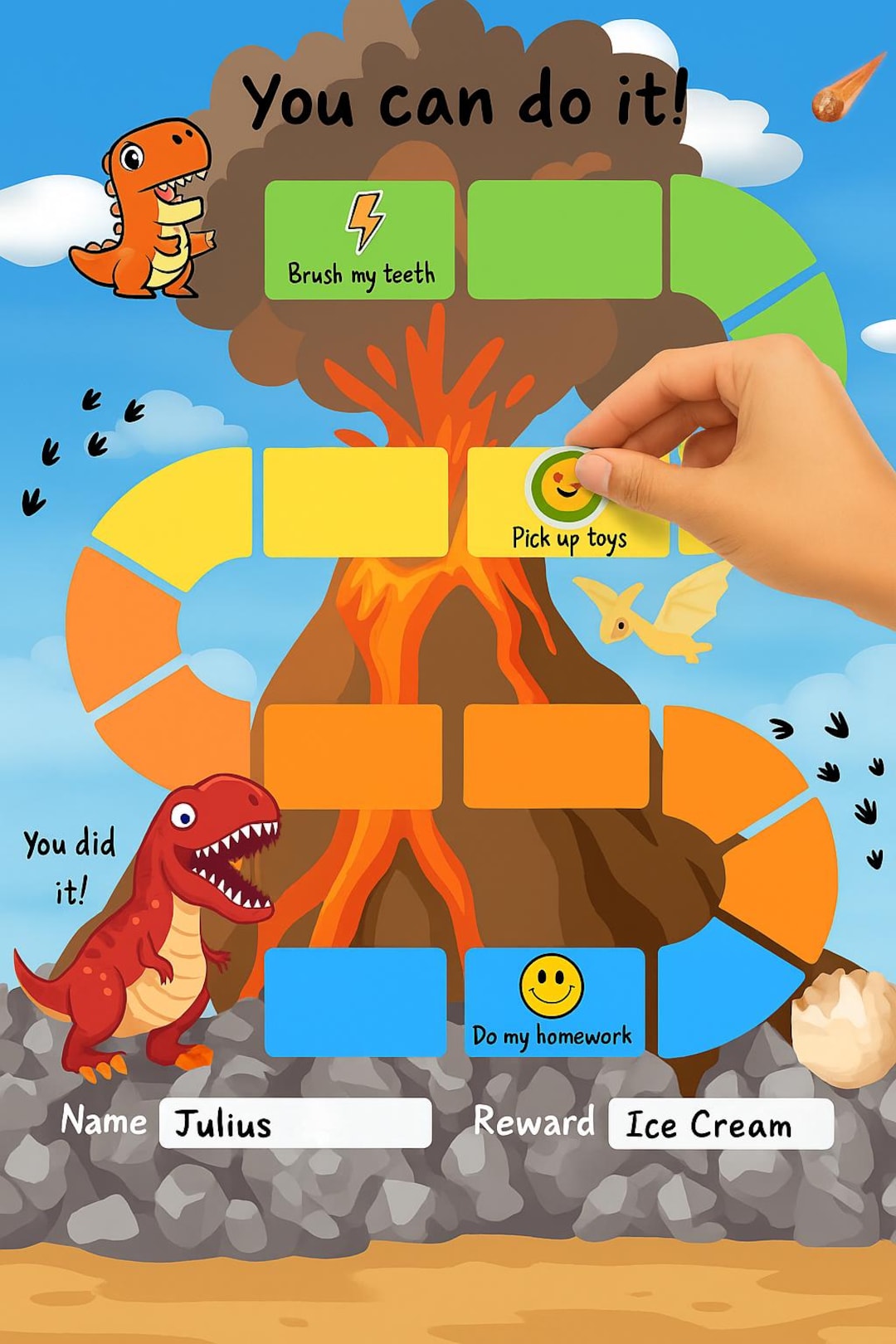 Dinosaur Reward Chart Printable | Kids Behavior Tracker | Volcano Goal ...