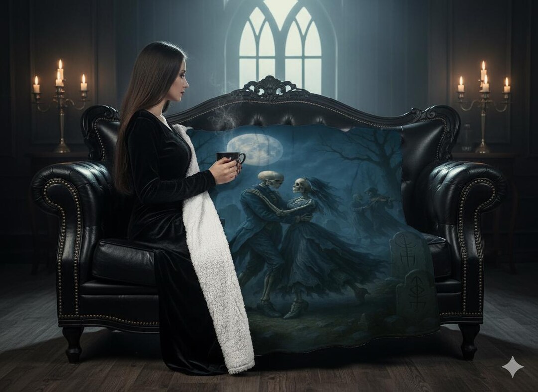 Danse Macabre Sherpa Blanket : Halloween Gothic Throw, Skeleton Waltz ...