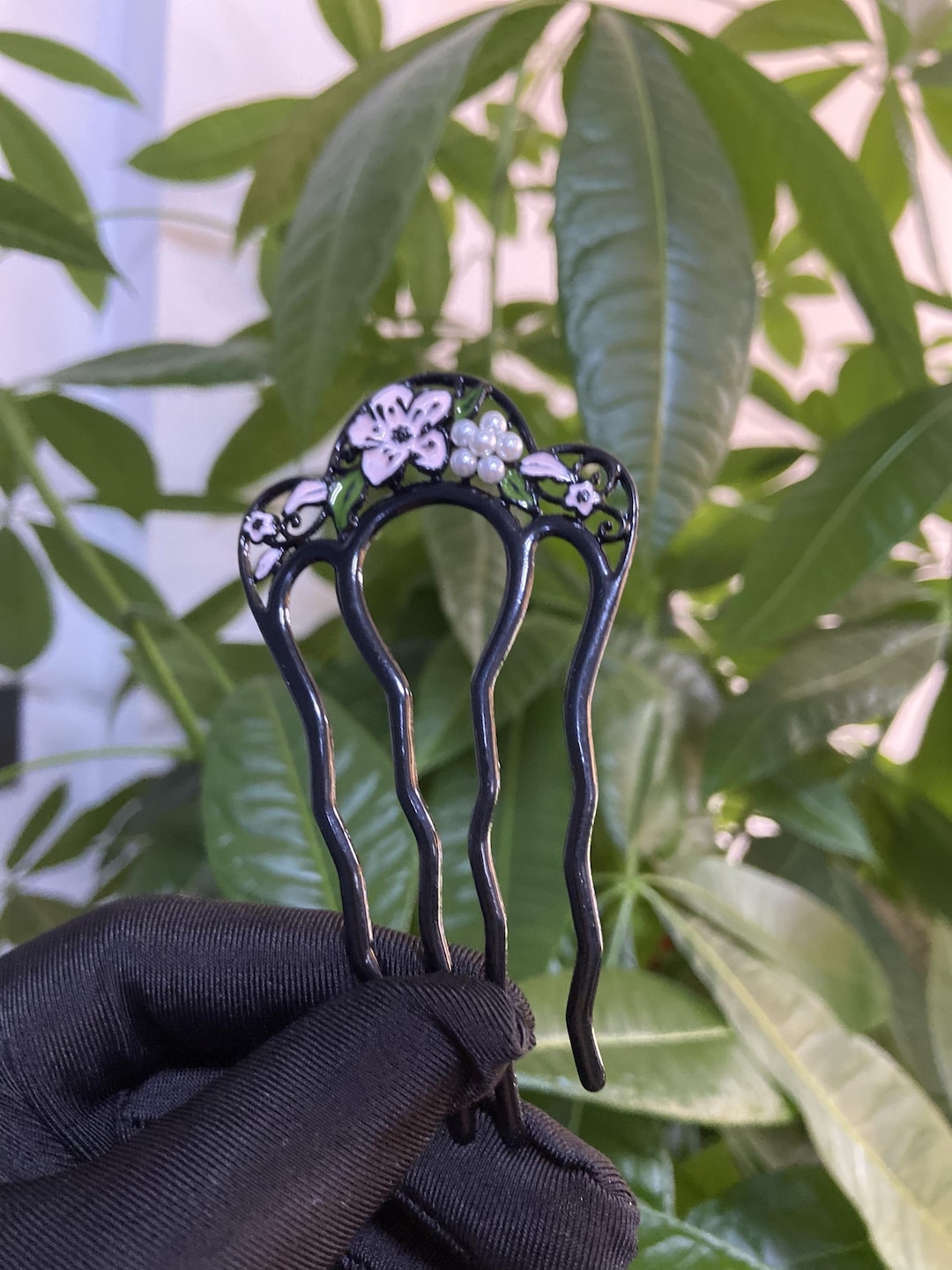 Hand-painted Floral Hairpin - Black Lacquer Hair Stick With Pearl ...