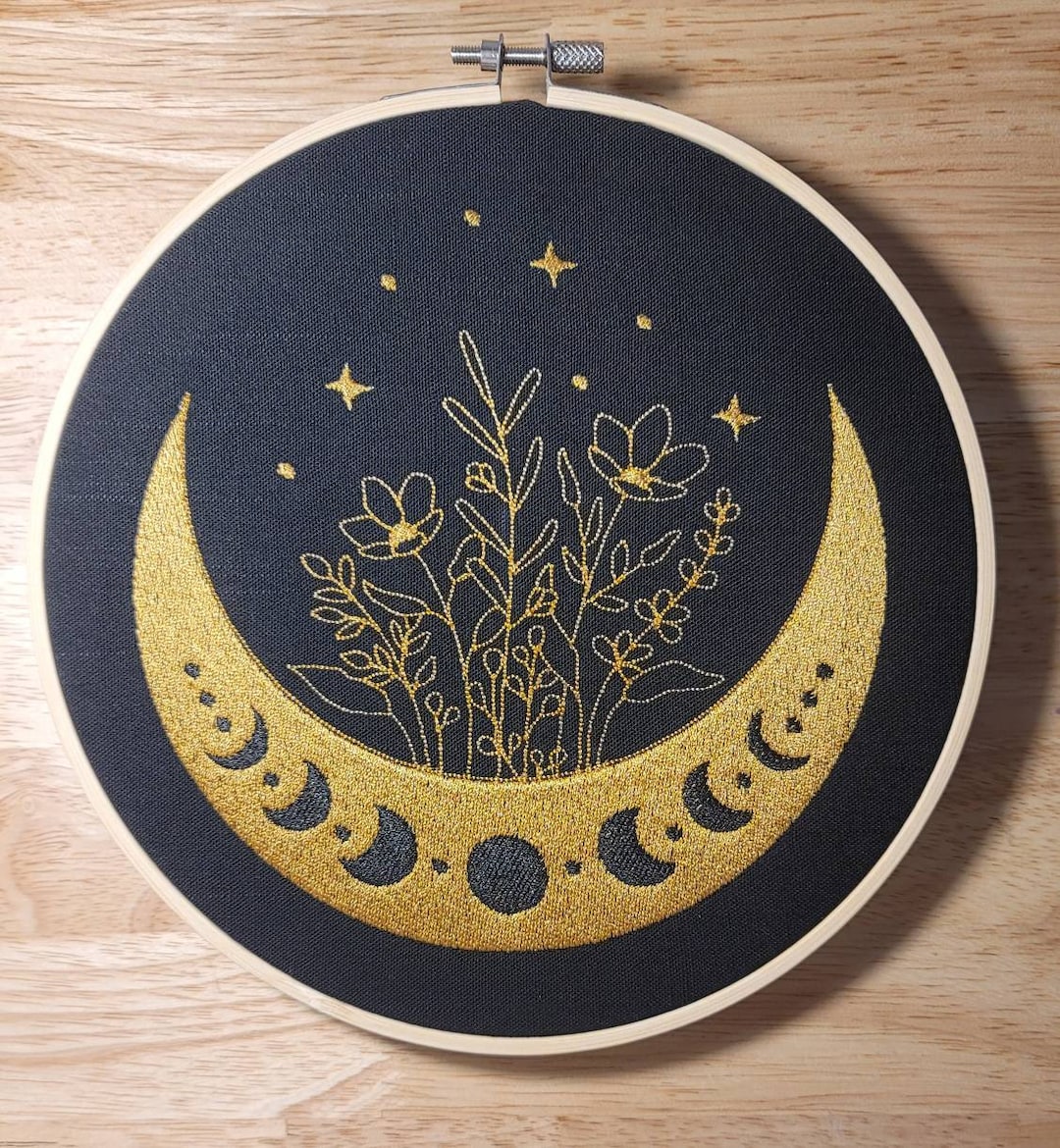 Embroidered Moon Hoop Art | Flowers on Moon - Etsy
