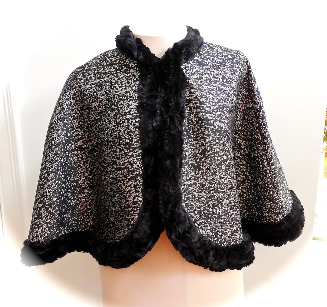Black and Silver Brocade Cape With Faux Fur Trim - Etsy