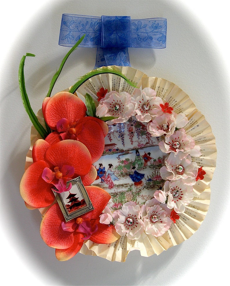 OOAK Floral Wreath With Vintage Plate Center Japanese Geishas - Etsy