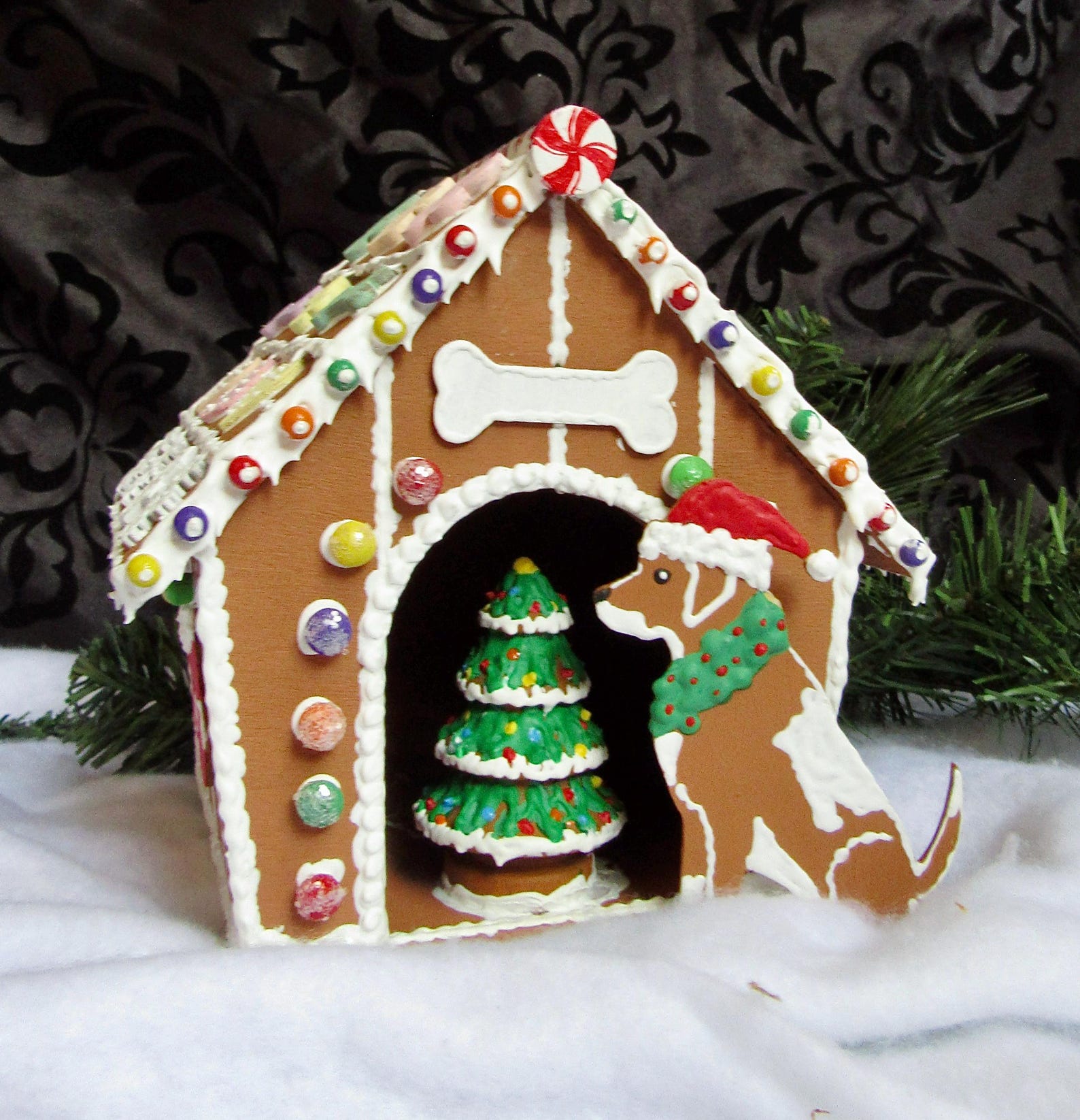 Faux Gingerbread Dog House With Santa Dog and Christmas Tree - Etsy
