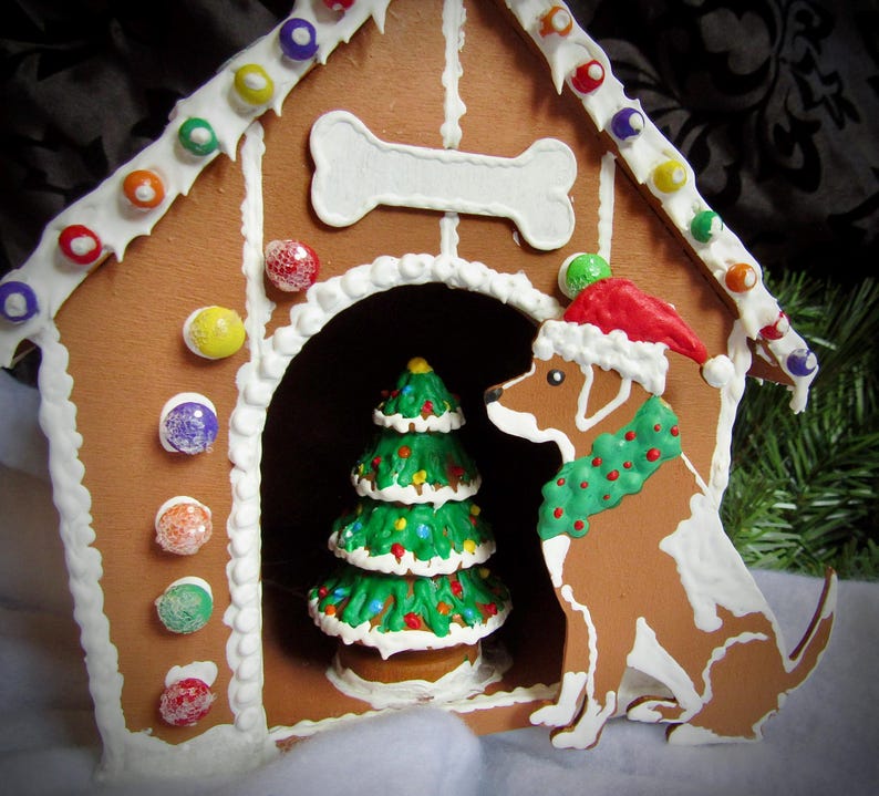 Faux Gingerbread Dog House With Santa Dog and Christmas Tree - Etsy
