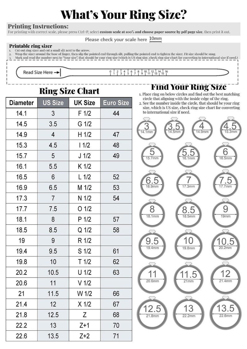 Printable Diamond Ring Sizer | Ring Size Finder | Ring Size Measure | International Ring Size ...
