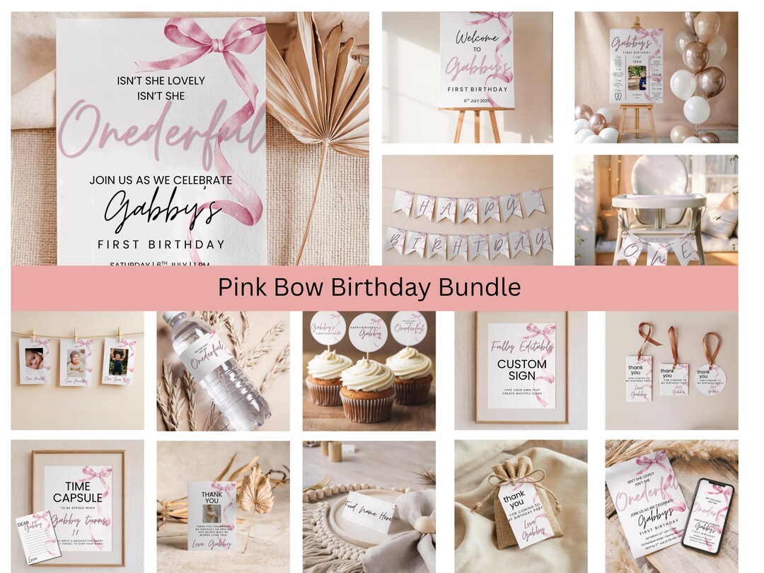 Editable Pink Bow Birthday Party Bundle | Girl First Birthday ...