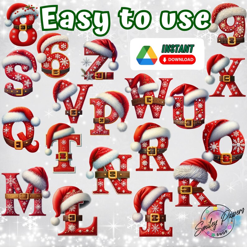 Christmas Alphabet Numbers PNG Bundle, Santa Hat Font (digital Download ...