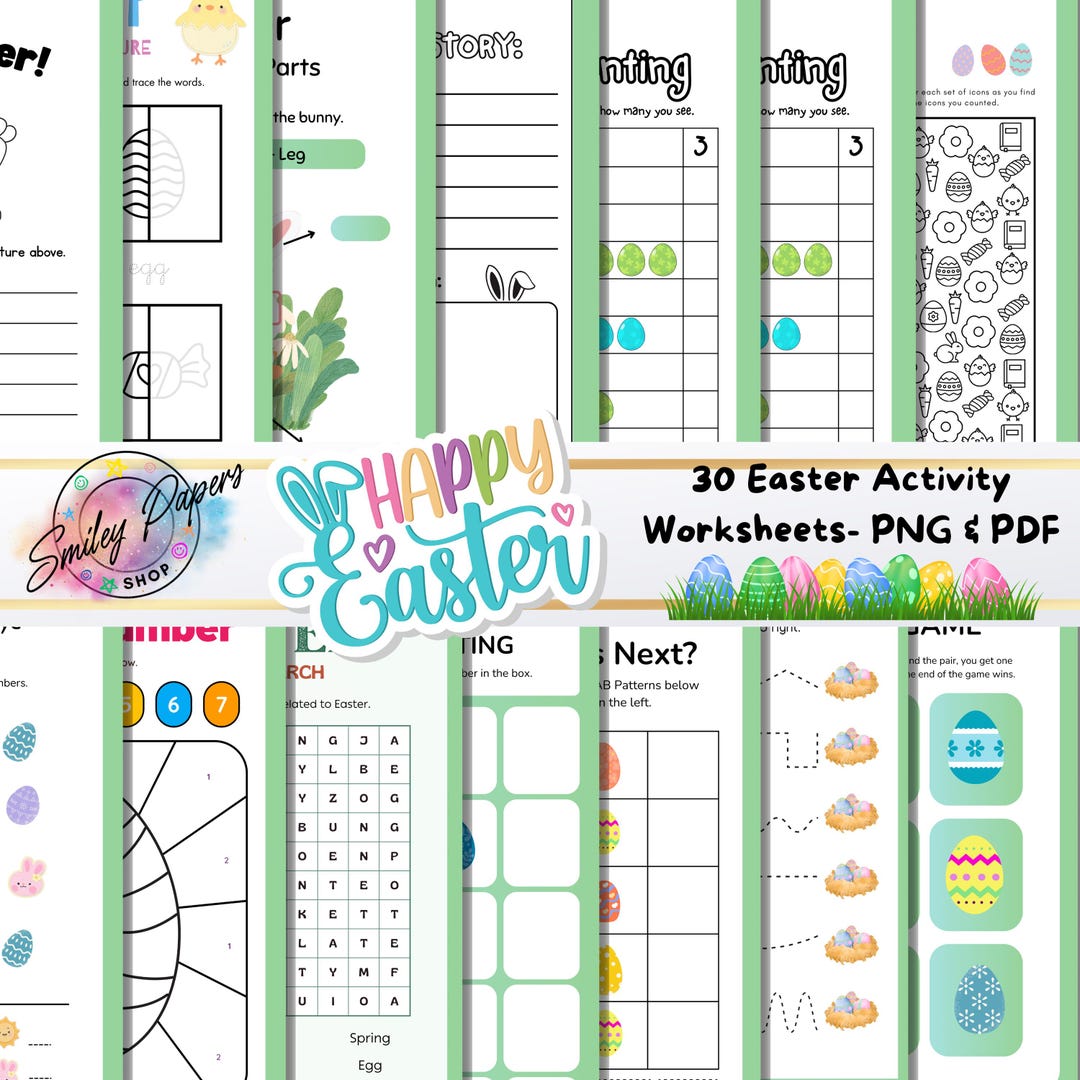 30 Easter Activity Worksheets, Preschool Learning Pack (PNG & PDF ...
