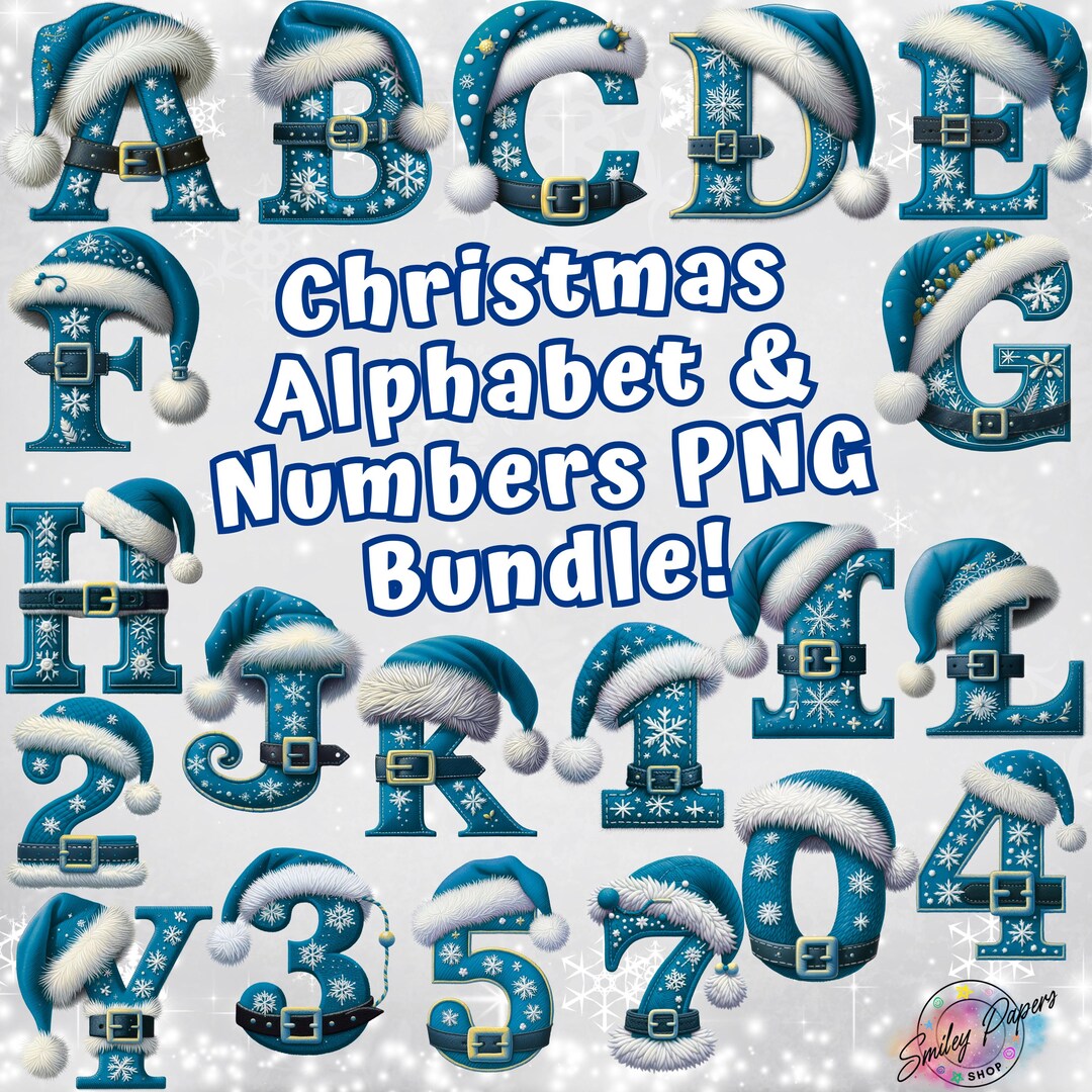 Christmas Santa Hat Alphabet, BLUE Number PNG Bundle (digital Download ...