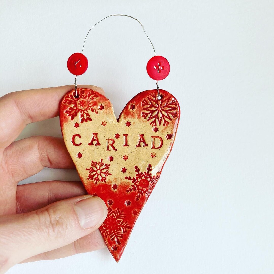 Christmas Tree Decoration Ceramic Cariad love in Welsh Heart. Handmade ...