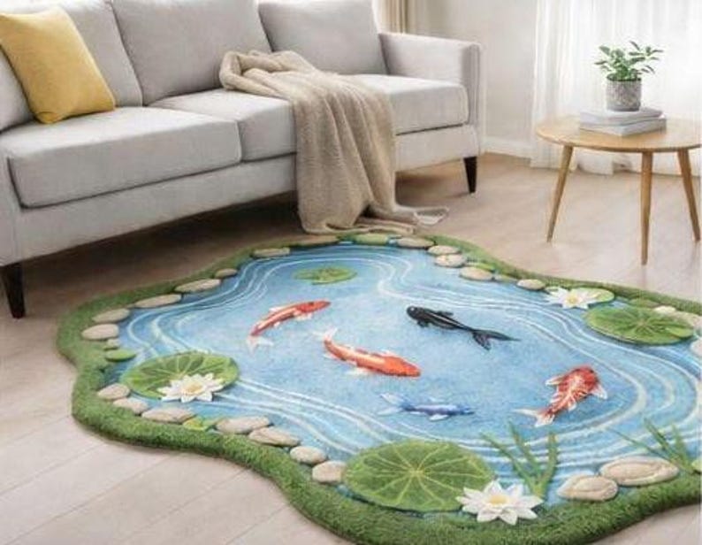 Buy Hand Tufted Koi Pond Rug, Japanese Garden Decor, 3D Water Lily Area ...