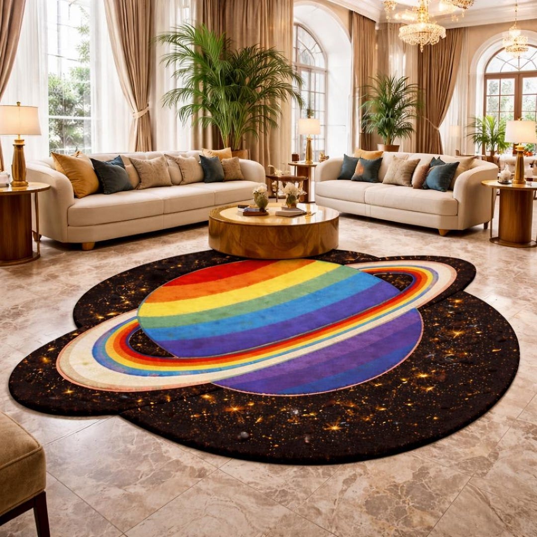 Rainbow Saturn Tufted Rug – Handmade Space Cosmic Planet Carpet | Kids ...