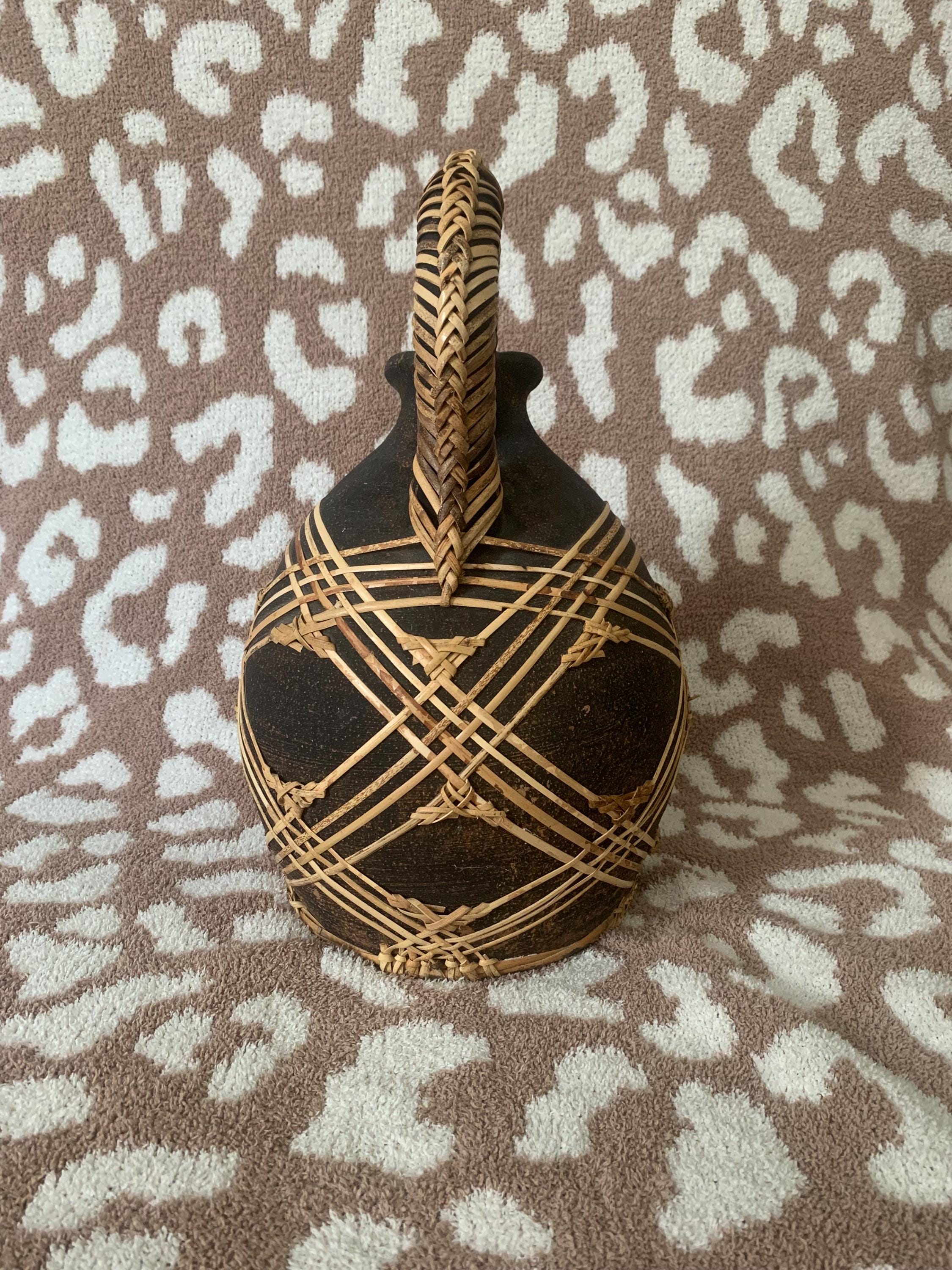 Vintage Pottery Black Vase Pitcher, Hand Wrapped in Reed Straw, 16 ...