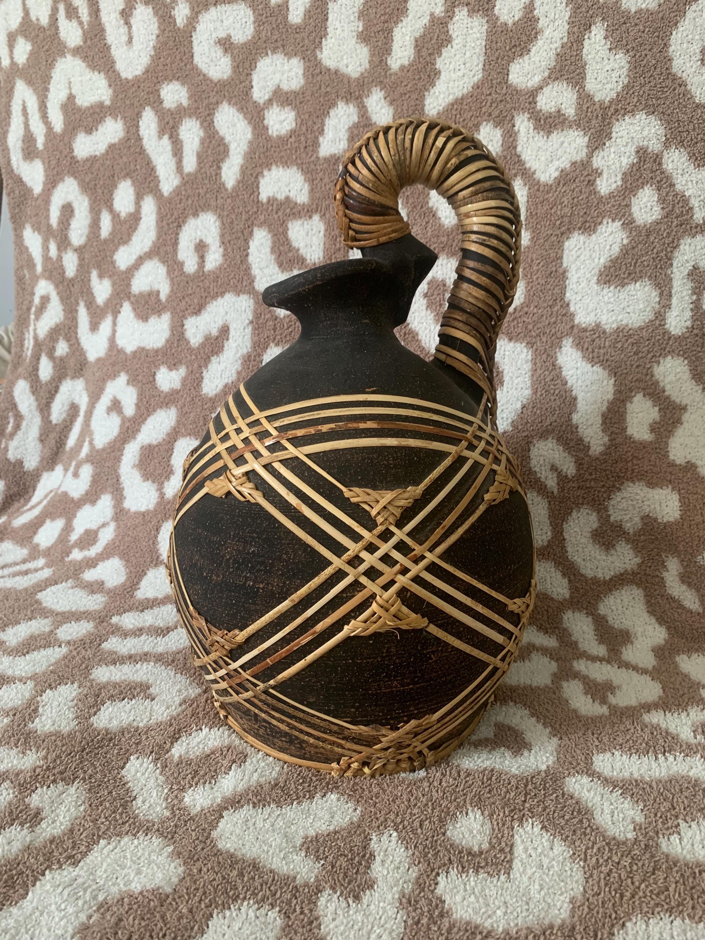 Vintage Pottery Black Vase Pitcher, Hand Wrapped in Reed Straw, 16 ...