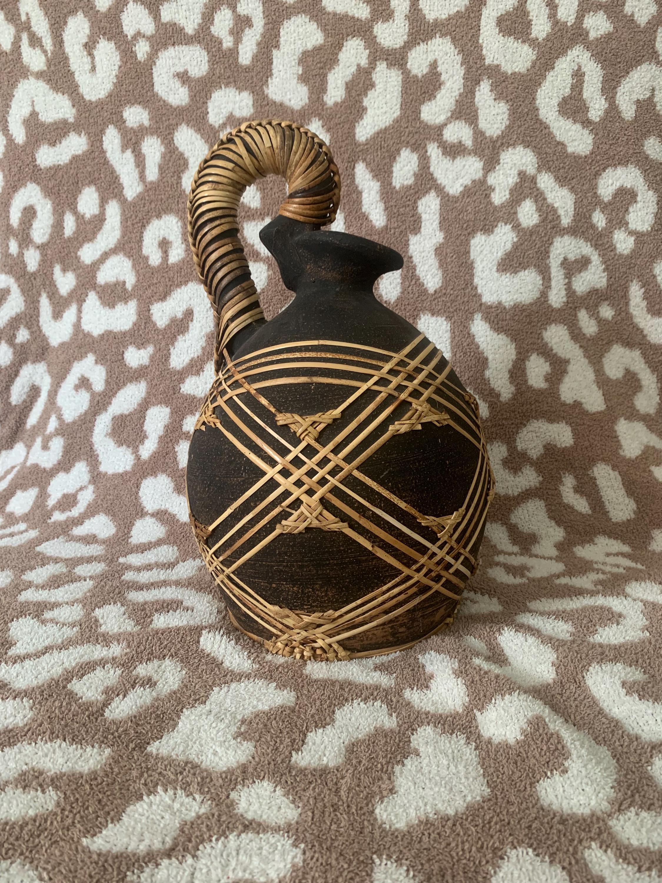 Vintage Pottery Black Vase Pitcher, Hand Wrapped in Reed Straw, 16 ...
