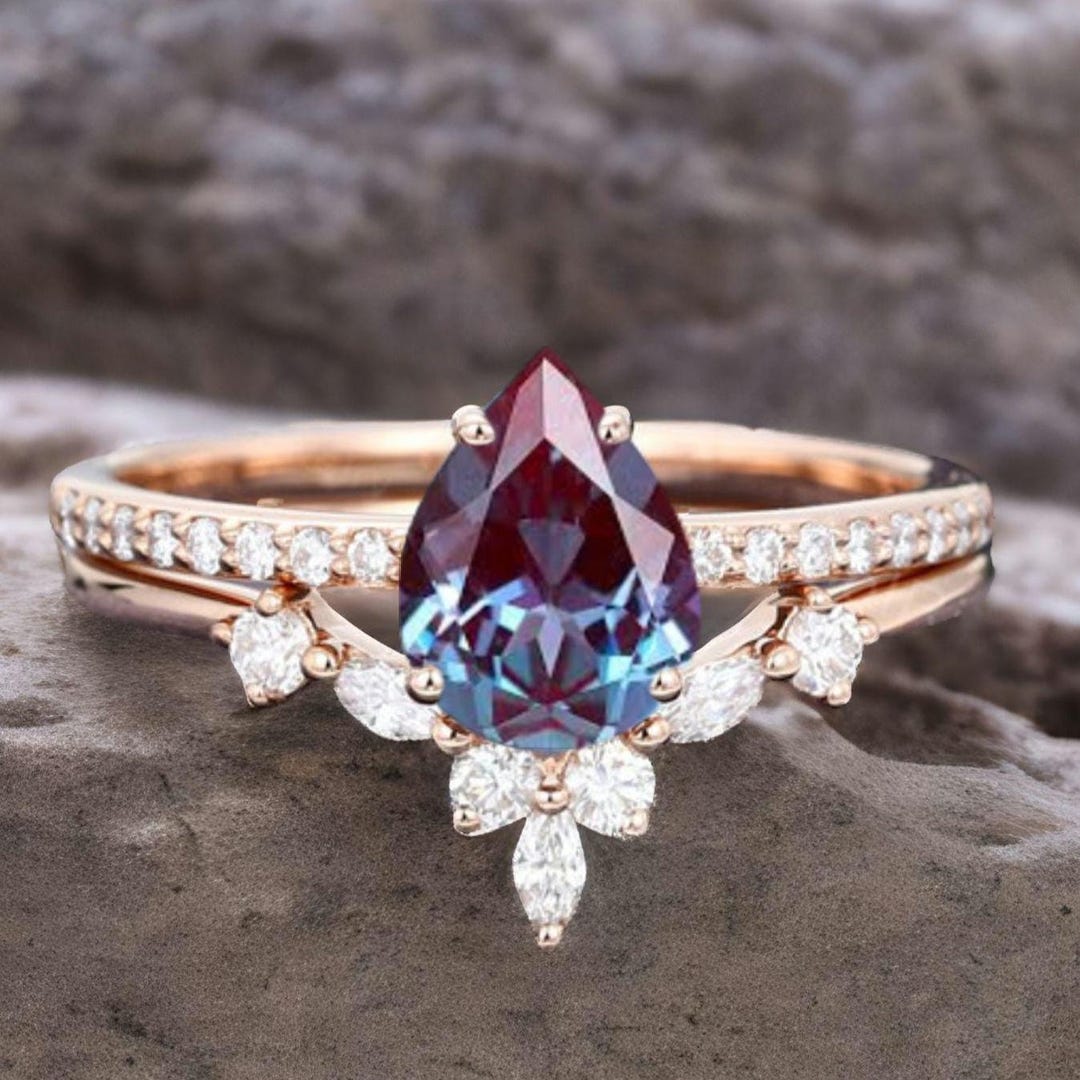 Pear Alexandrite Engagement Ring: Sterling Silver, Gold Accents - Etsy