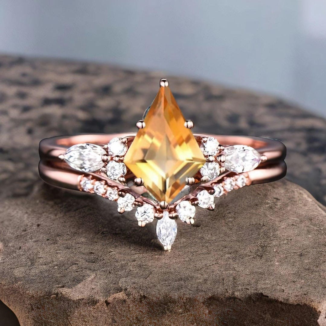 Kite Cut Citrine Ring Set: Vintage Rose Gold Art Deco Engagement - Etsy