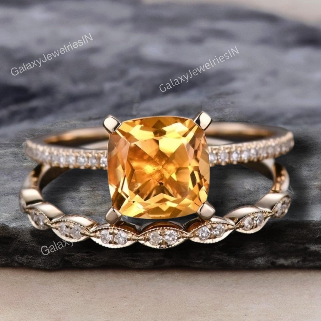 14k Gold Citrine Ring Set: Diamond Stacking Band - Etsy