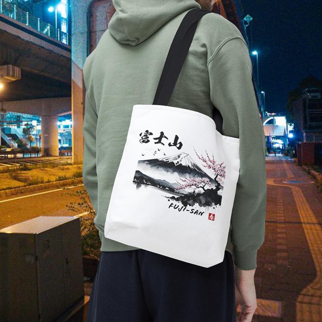 Sumi-e Mount Fuji (fuji-san) Tote Bag - Japanese Ink Art With Kanji and ...