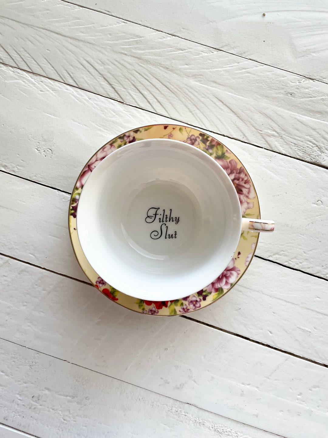 Filthy Slut Tea Cup & Bye Saucer, Yellow and Red Rose Floral Pattern - Etsy