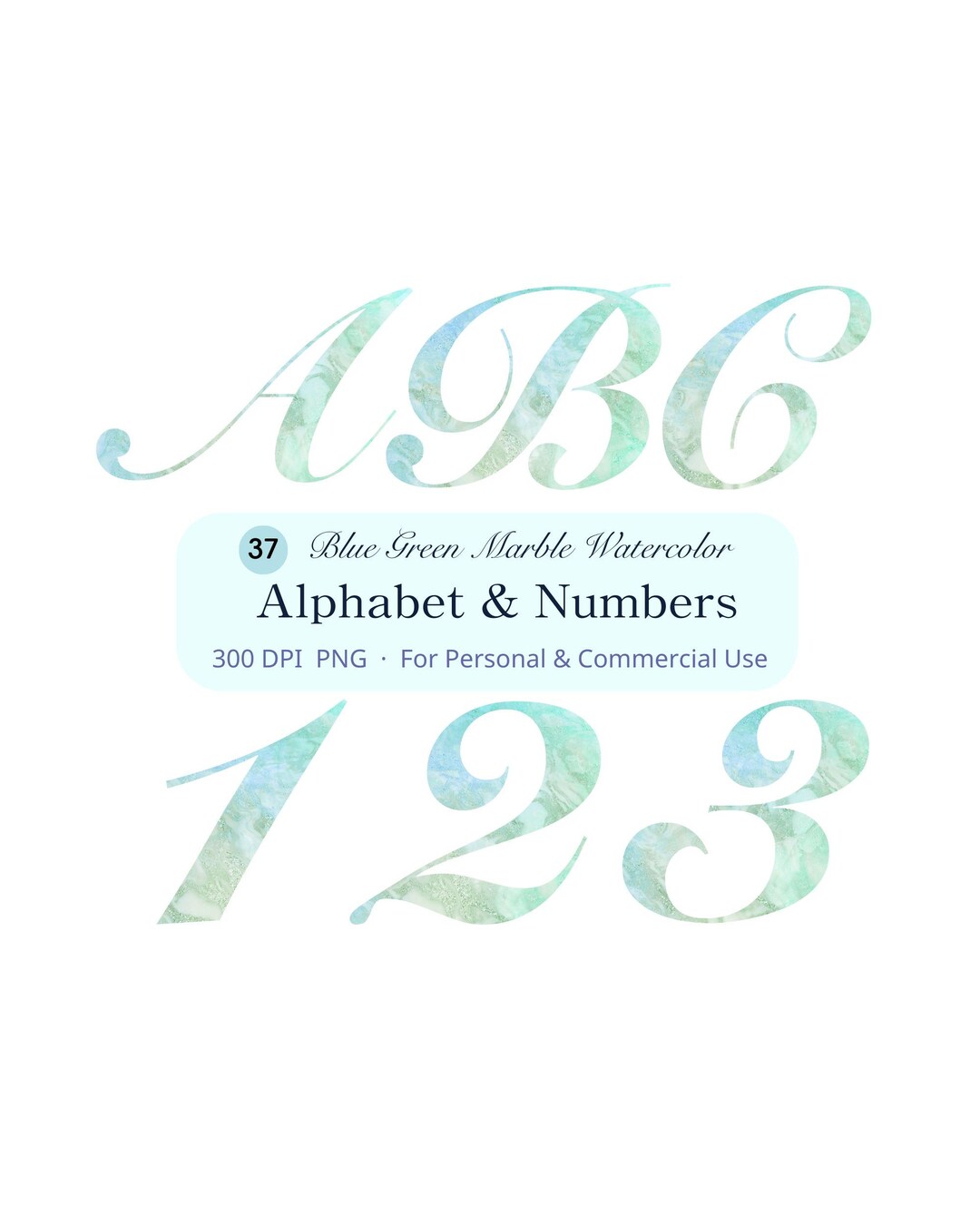 Watercolor Marble Alphabet & Numbers Clipart | Blue Green Shimmer PNG ...