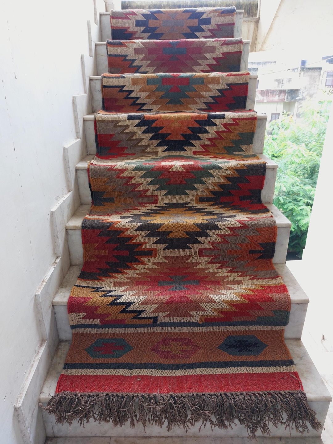 Vintage Handwoven Kilim Stair Runner Rug – Geometric Tribal Pattern ...