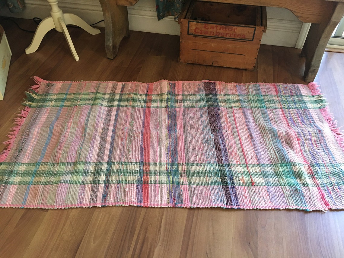Antique Striped Rag Rug Cotton Pinks Green Blue Striped - Etsy