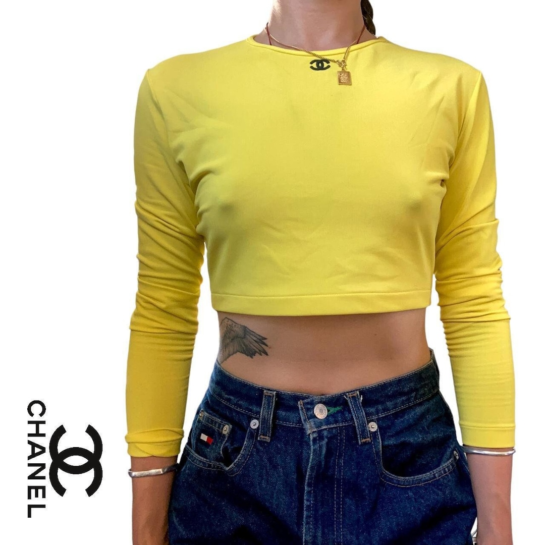 Vintage Chanel Sporty Y2k '95 Neon Yellow Logo Crop Top XS - Etsy
