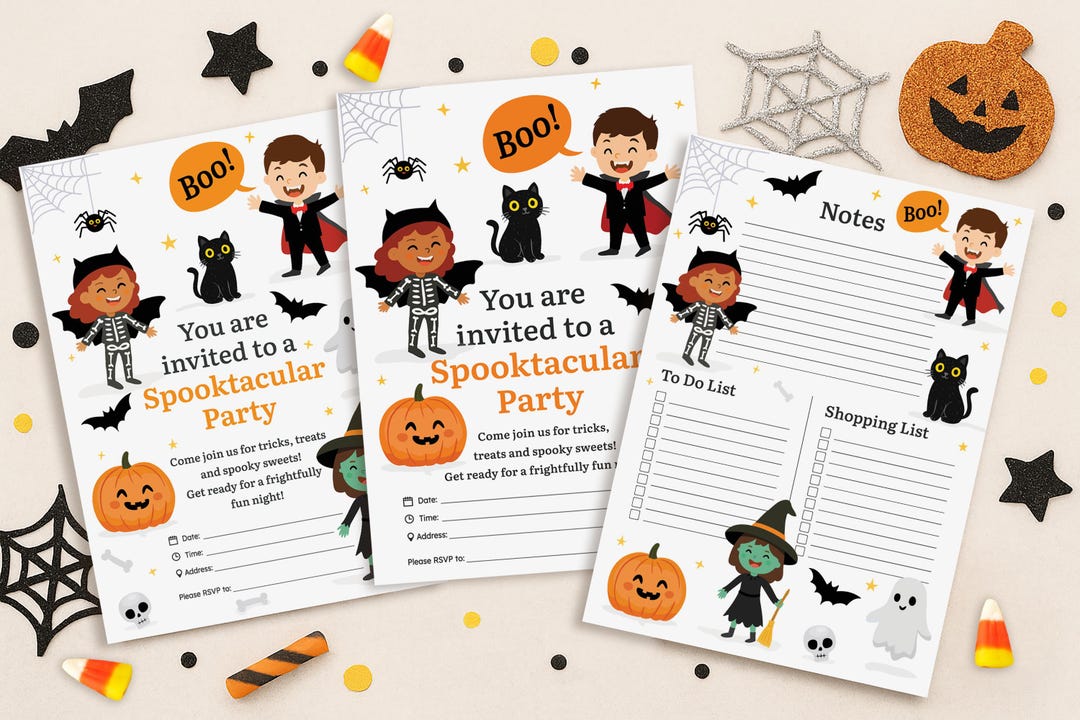 Printable Halloween Party Invitation Set – Cute Spooktacular Design ...