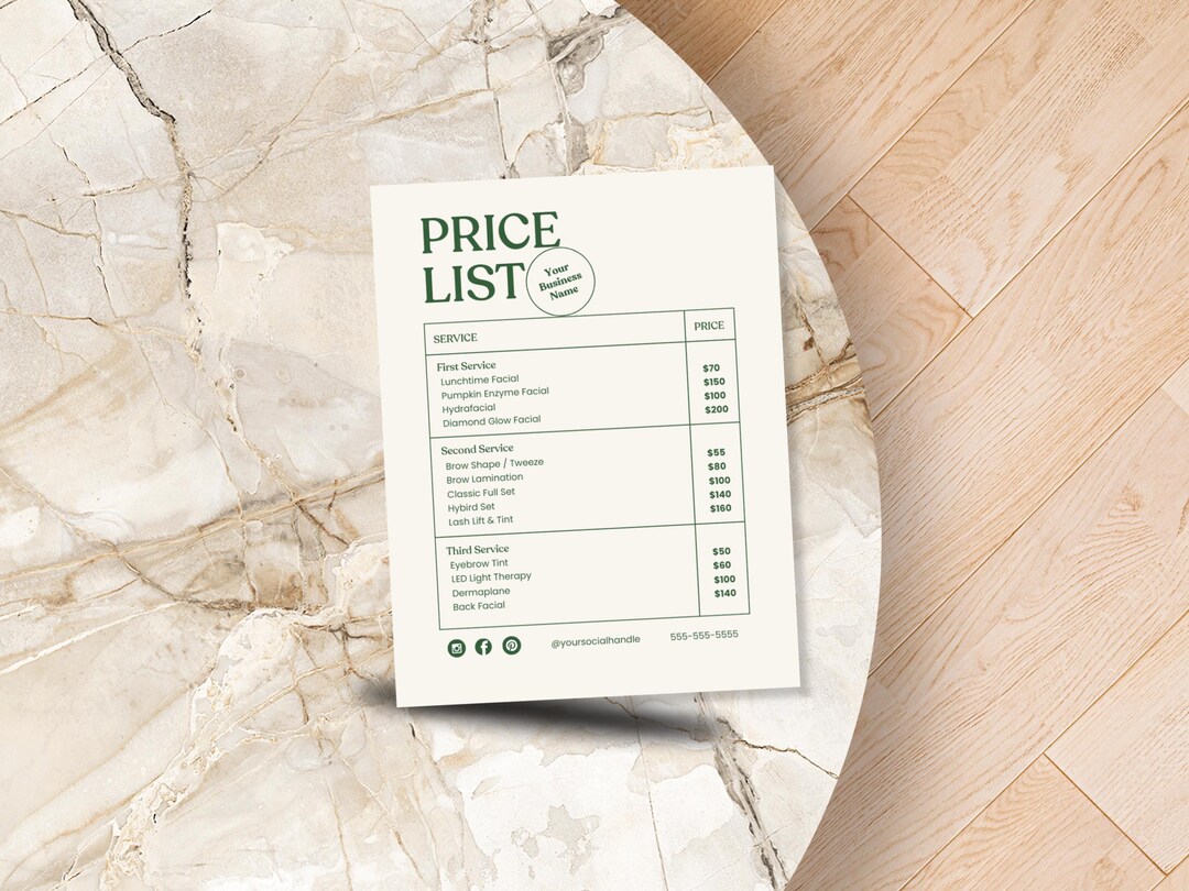 Esthetician Price List Template, Facial & Lash Service Menu, Spa Price ...